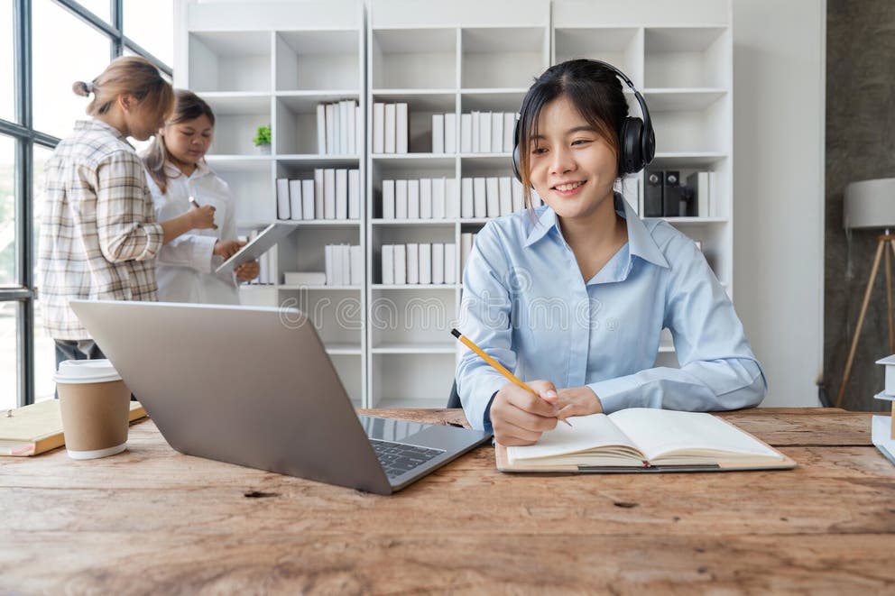 Smiling Cute Stylish Female Student, Studying Remotely from Library ...