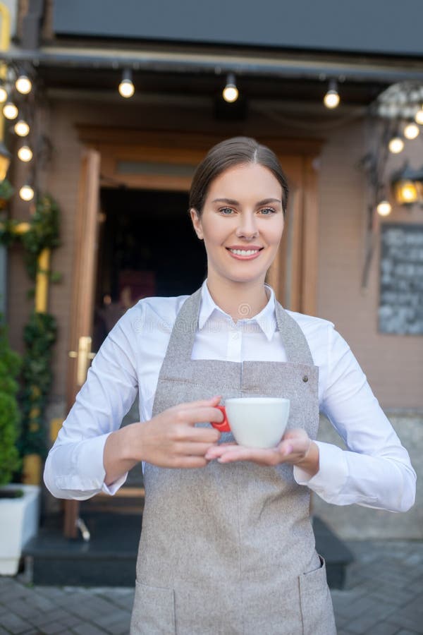 Cute Waitress Standing Behind the Counter Stock Image - Image of ...
