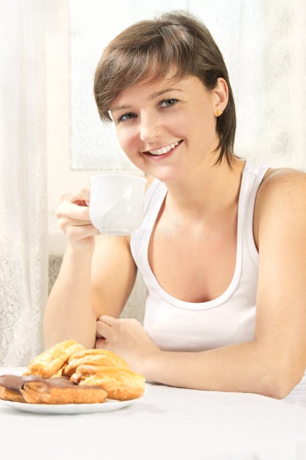 Smiling Cute Woman Drinking Tea with Cakes Stock Image - Image of ...