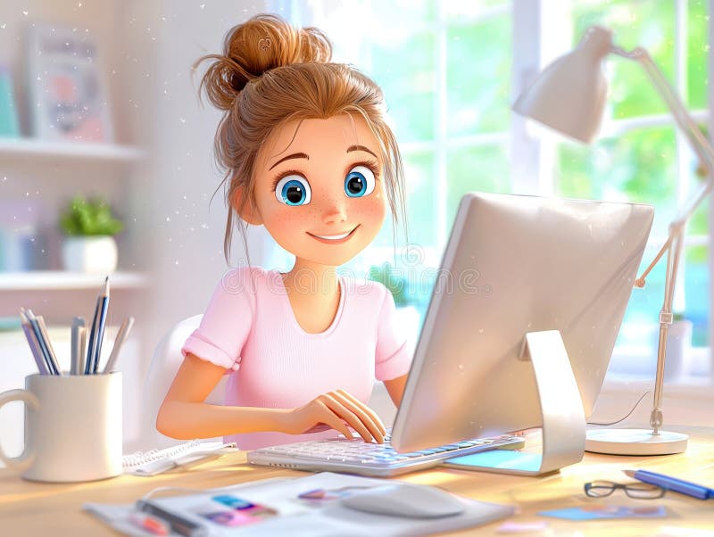 Smiling 3D Cartoon Girl Using Computer Stock Illustration ...