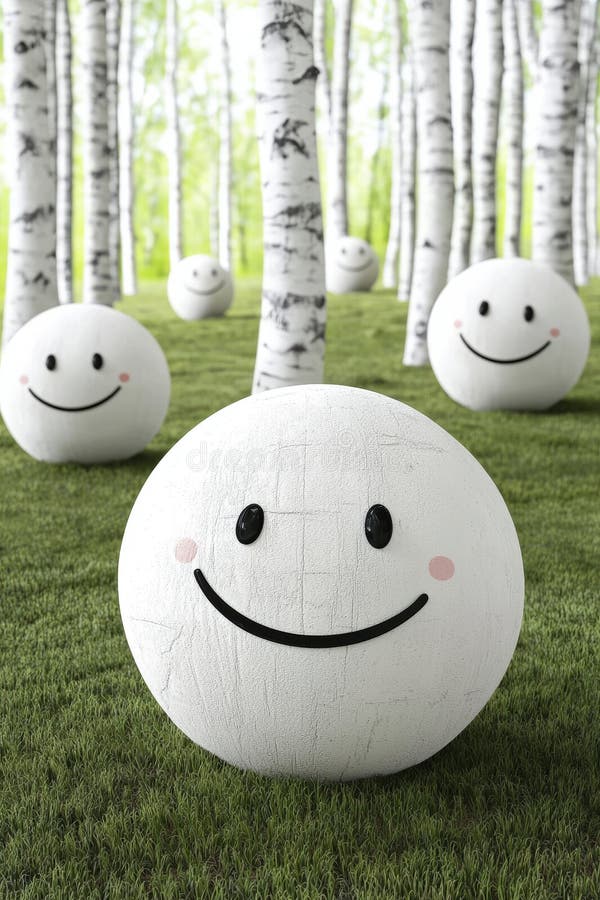Smiling 3D Faces in Park with Birch Trees and Green Grass Create ...