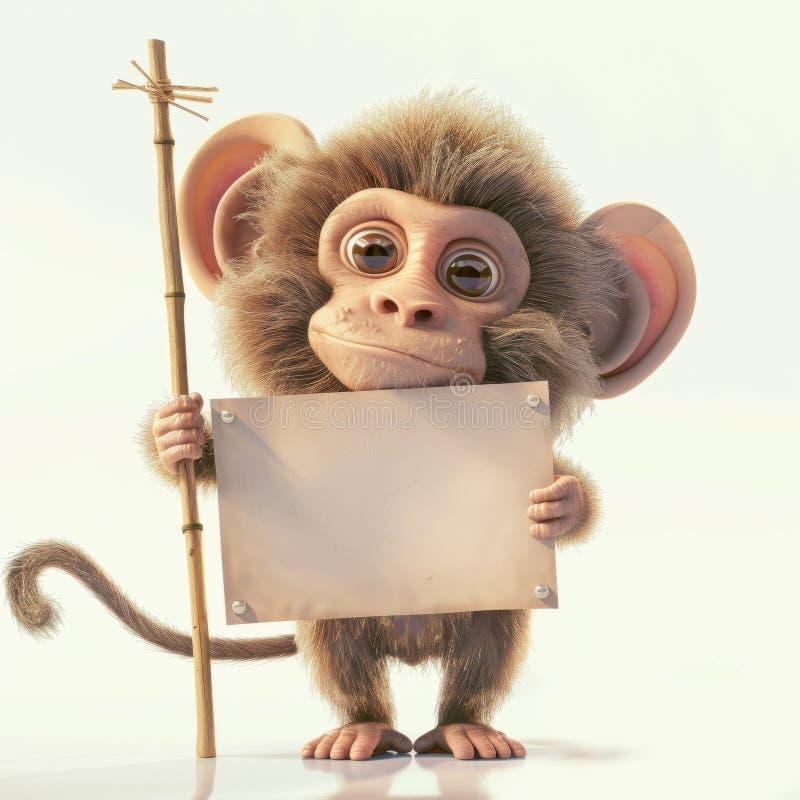 Smiling 3D Monkey with a Blank Sign, Ideal for Customizing with Your ...