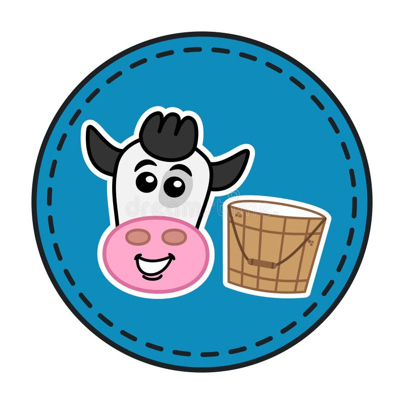 Smiling Dairy Cow Head with Bucket Filled with Fresh Milk in Blue ...