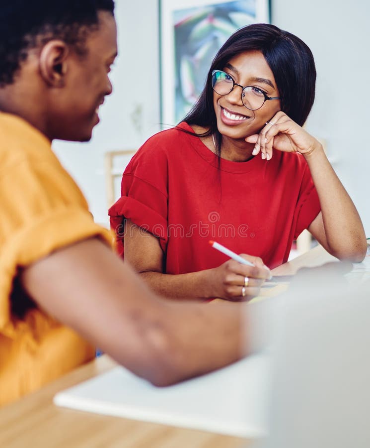 Smiling Dark Skinned Woman Having Interview with Male Applicant Ask ...
