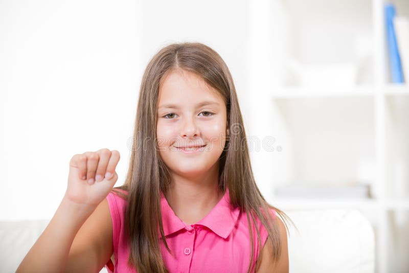 Smiling Deaf Girl Using Sign Language Stock Image - Image of happy ...