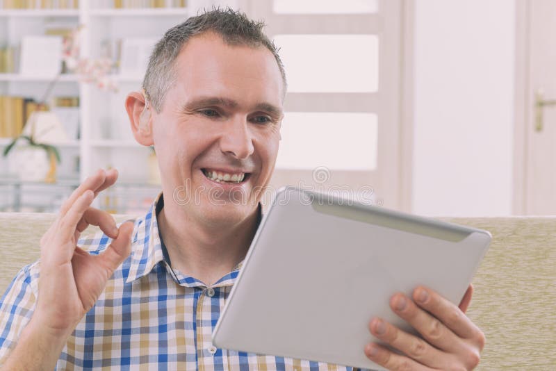Deaf Man Using Sign Language on the Tablet Stock Image - Image of ...