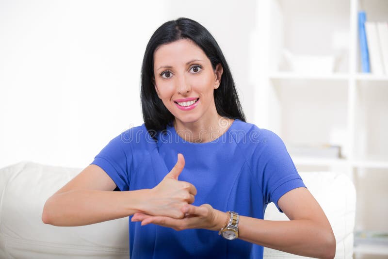 Smiling Deaf Woman Using Sign Language Stock Image - Image of letters ...