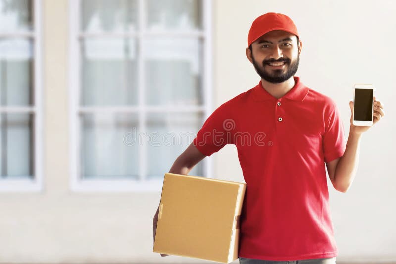 Smiling Delivery Man Hold Cardboard Box Stock Image - Image of package ...