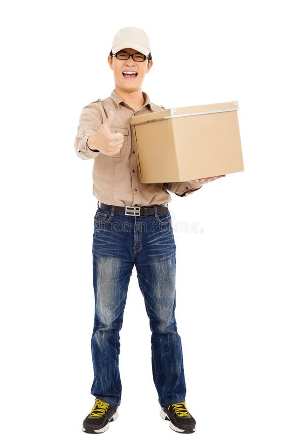 Smiling Delivery Man Holding Parcel and Thumb Up Stock Image - Image of ...