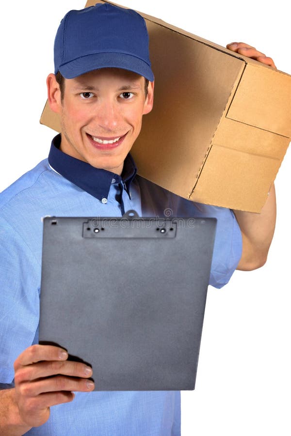 Delivery Man with Carton Box Stock Photo - Image of happy, container ...