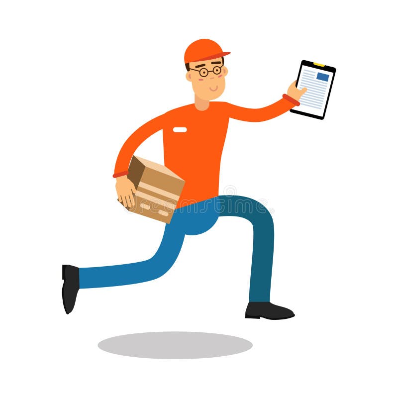 Smiling Delivery Man Running with Cardbox and Documents, Courier in ...