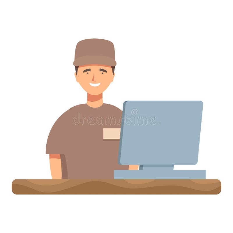 Smiling Delivery Man Sitting at Desk Using Desktop Computer Stock ...