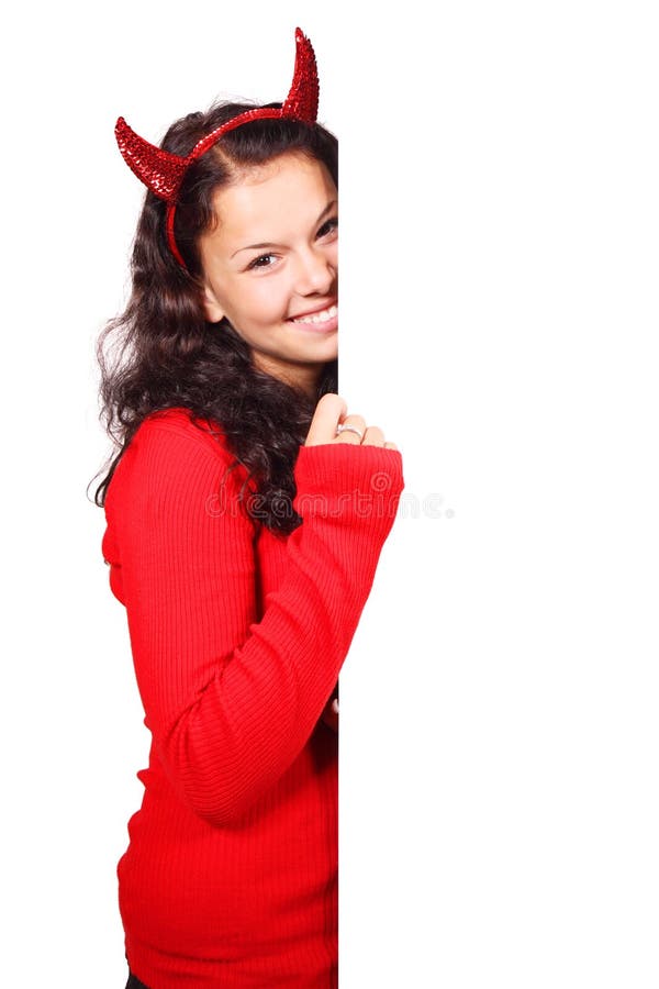 Smiling Devil Behind White Board Stock Image - Image of girl, woman ...