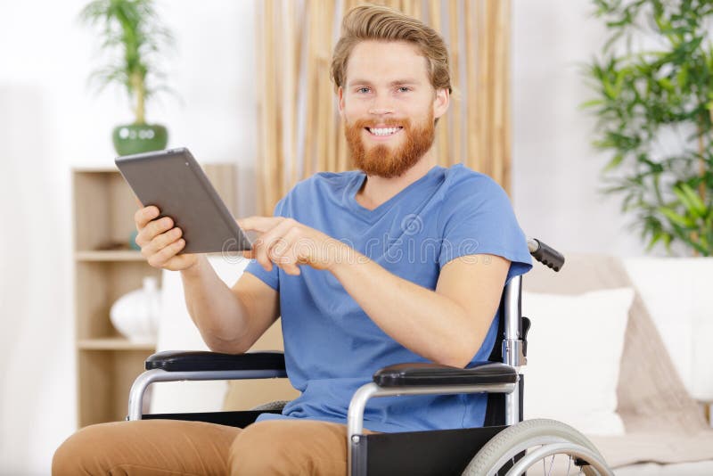 Smiling Disabled Guy Reading Emails Stock Image - Image of waistup ...