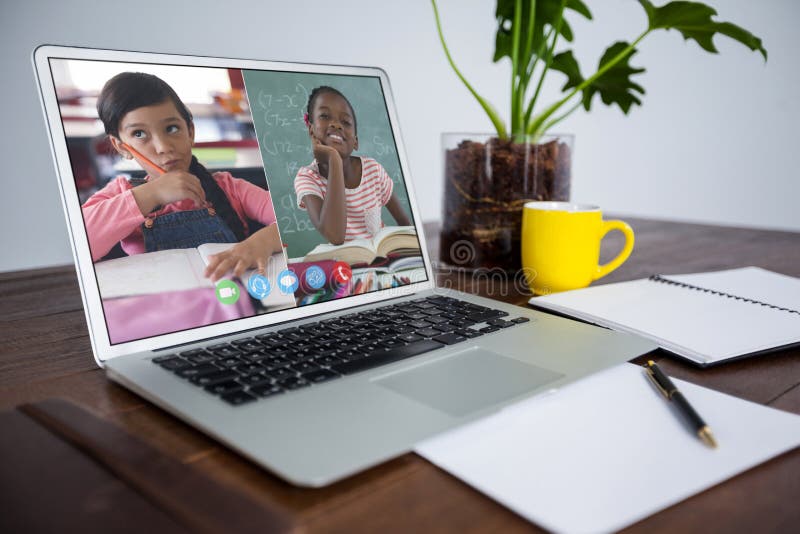 Smiling Diverse Elementary School Pupils during Class on Laptop Screen ...