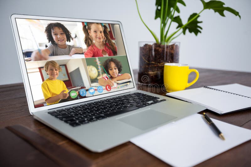 Smiling Diverse Elementary School Pupils during Class on Laptop Screen ...