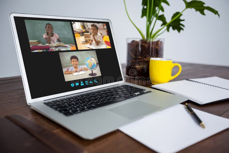 Smiling Diverse Elementary School Pupils during Class on Laptop Screen ...