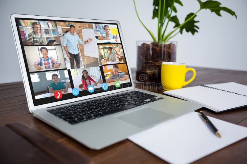 Smiling Diverse Elementary School Pupils during Class on Laptop Screen ...