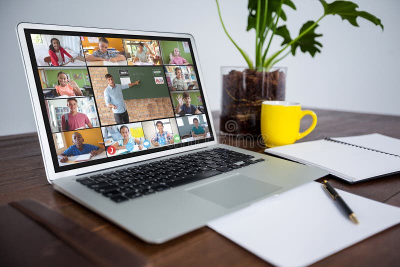 Smiling Diverse Elementary School Pupils during Class on Laptop Screen ...