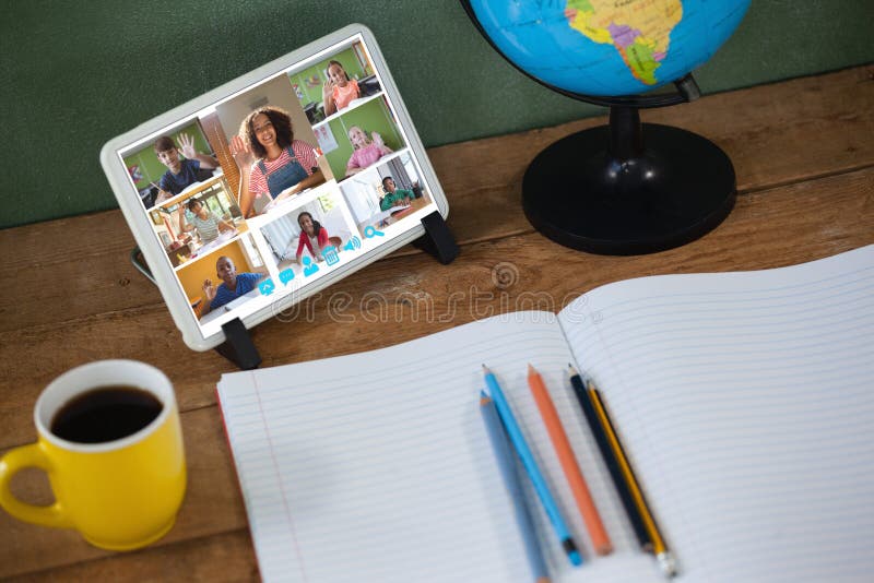 Smiling Diverse Elementary School Pupils during Class on Tablet Screen ...
