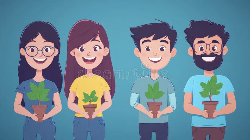 Smiling Diverse Group Planting Saplings Together Stock Illustration ...
