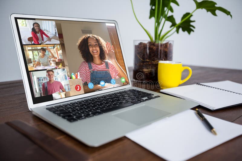 Smiling Diverse High School Pupils during Class on Laptop Screen Stock ...