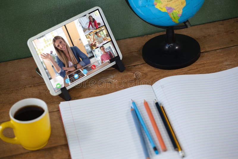 Smiling Diverse High School Pupils during Class on Tablet Screen Stock ...