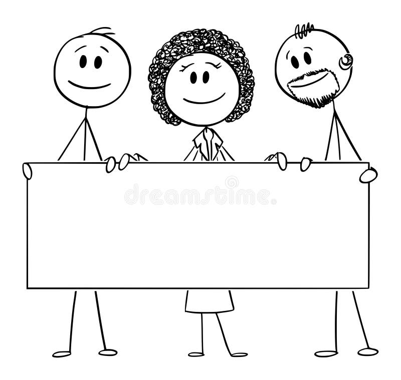Smiling Diverse Team Holding Empty Sign , Vector Cartoon Stick Figure ...