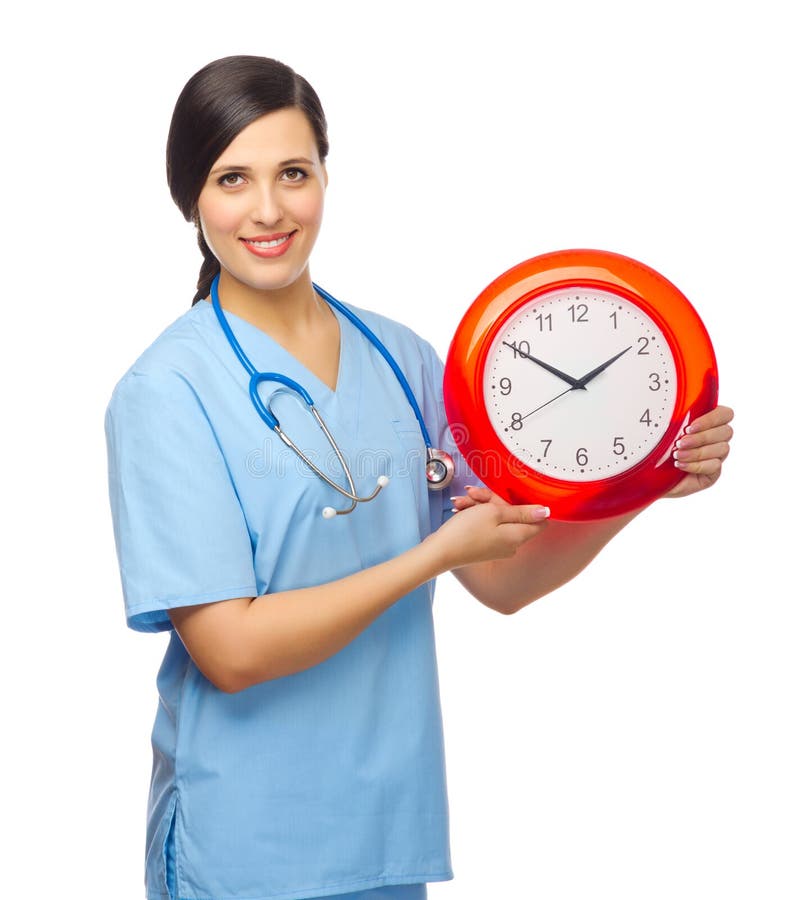 Smiling doctor with clock stock photo. Image of beauty - 29522884
