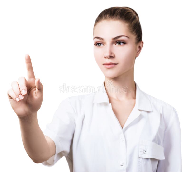 Female Woman Nurse or Doctor Pointing and Looking Up Stock Image ...