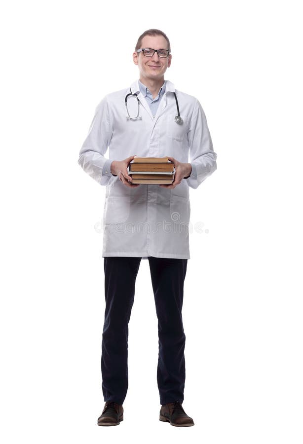Smiling Doctor with a Stack of Books . Isolated on a White Stock Photo ...