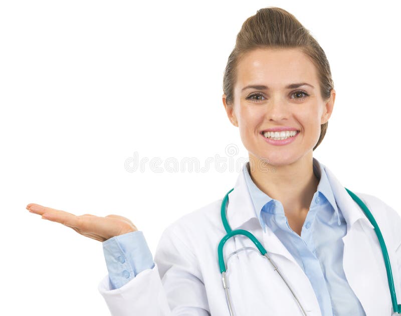 Smiling Doctor Woman Presenting Something on Empty Palm Stock Image ...