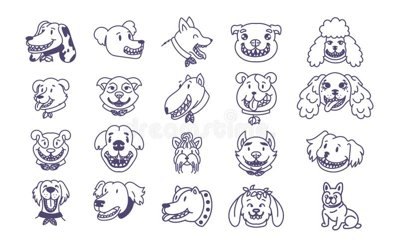 Smiling Dog Face Side View Line Drawing Isolated on White Background ...