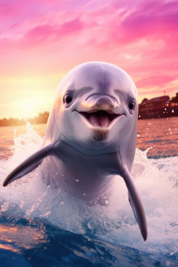 Smiling Dolphin in Sunset Waters Stock Illustration - Illustration of ...