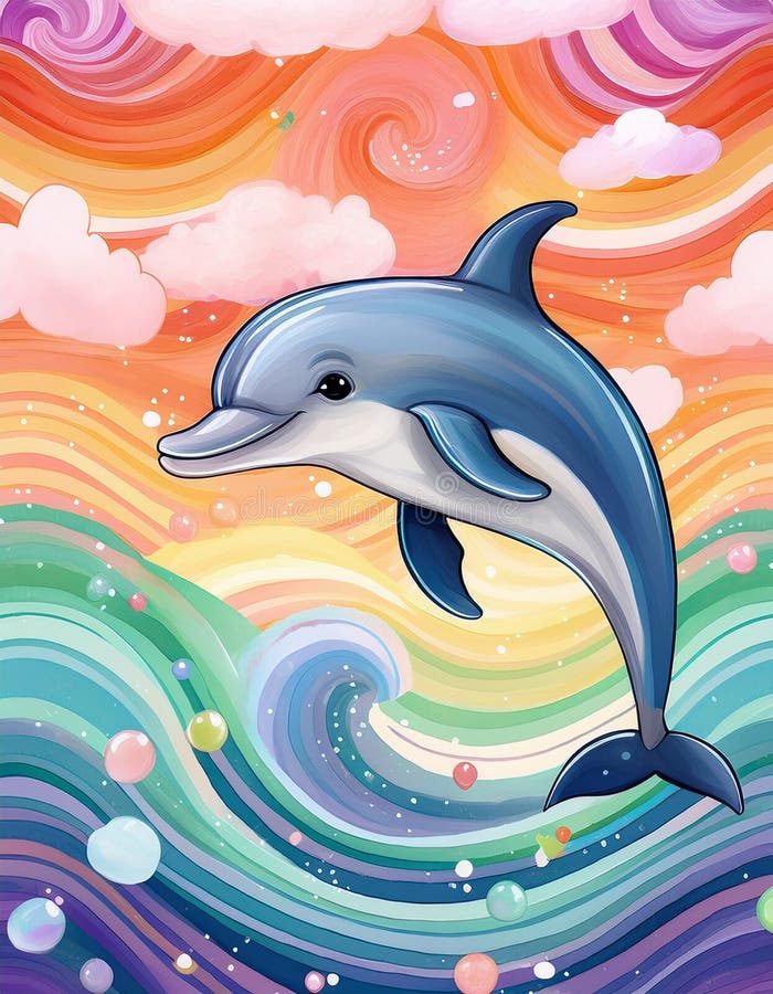 Smiling Dolphins with Rainbows and Waves Stock Photo - Image of rainbow ...
