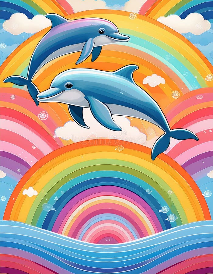 Smiling Dolphins with Rainbows and Waves Stock Image - Image of playful ...