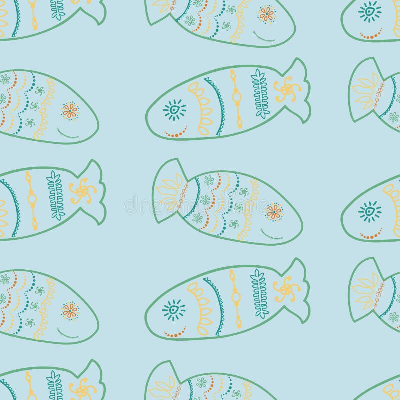 Smiling Doodle Fish Rows Seamless Vector Pattern Stock Illustration ...