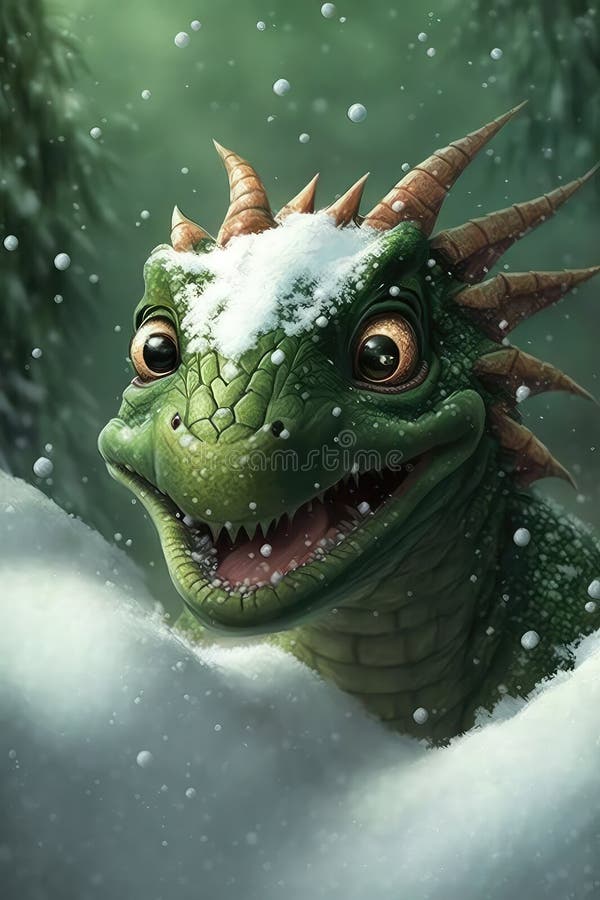 Cheerful Dragon in White Snow, Generative AI Stock Illustration ...
