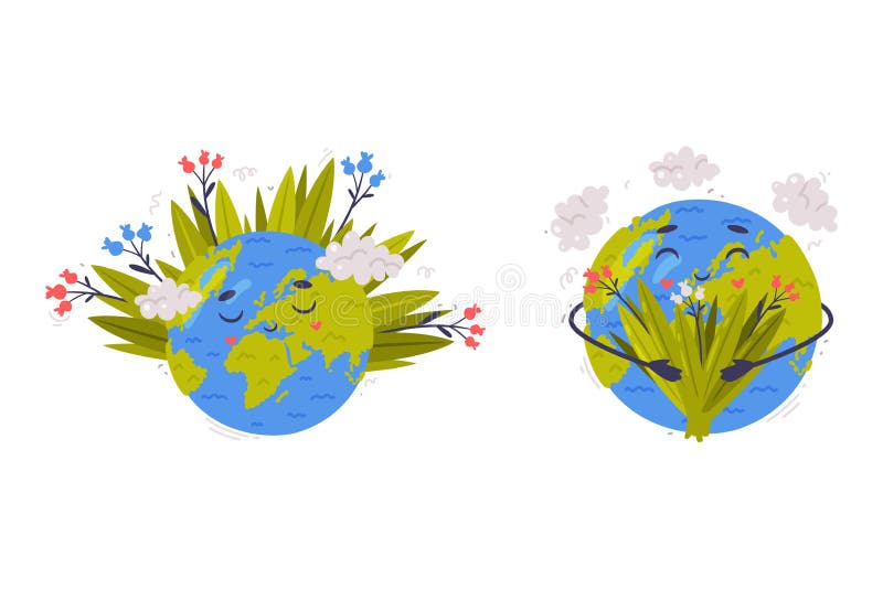 Smiling Earth Globe with Green Grass and Clouds As Ecology and ...