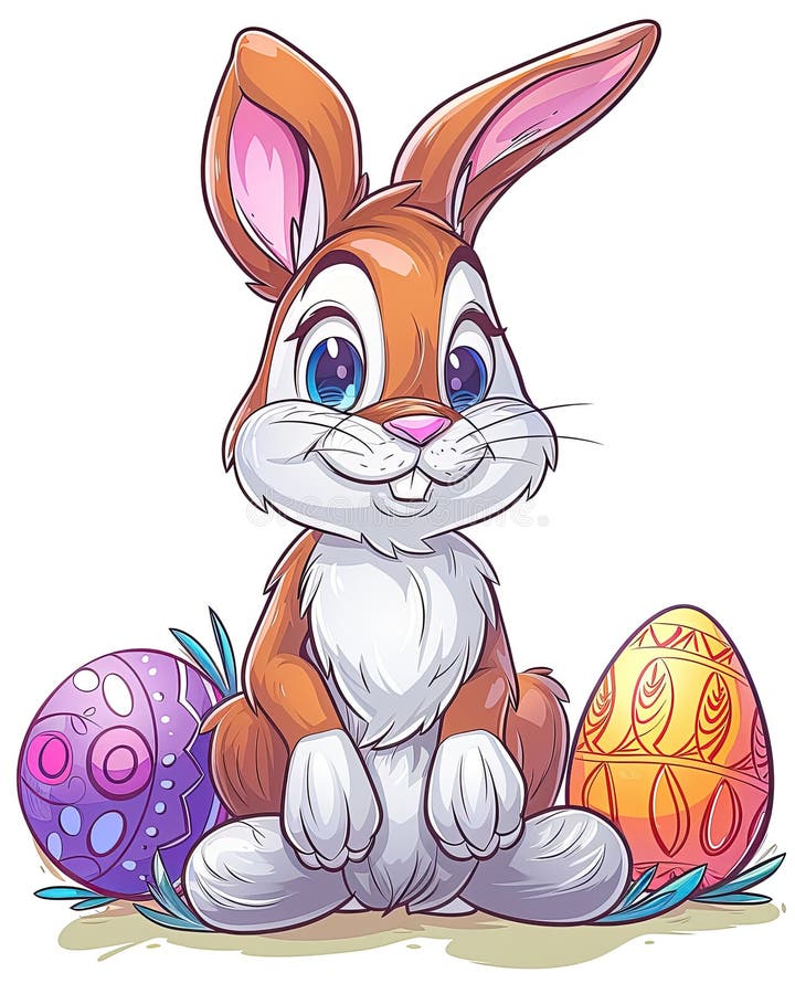 Smiling Easter Bunny Sitting with Decorated Colorful Eggs, Against ...