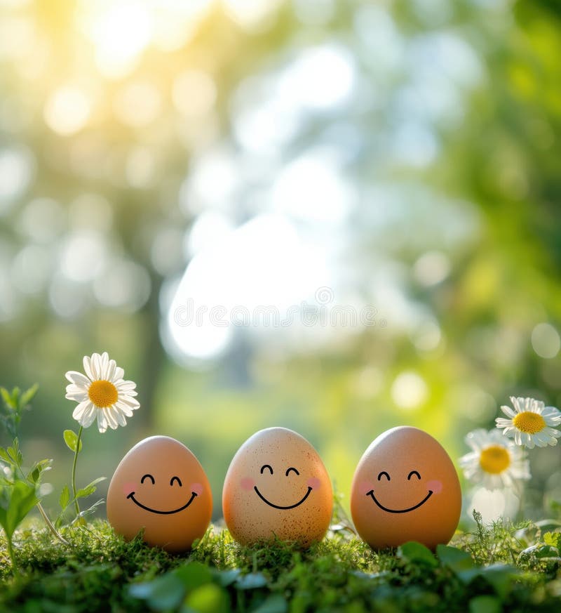 Smiling Eggs in Nature, Cheerful Scene with Three Eggs Featuring Smiley ...