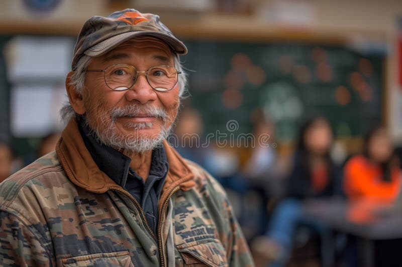 A Smiling Elder Wearing a Cap in a Classroom, Surrounded by Attentive ...
