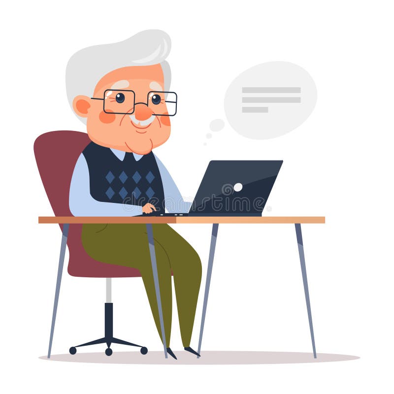 Smiling Elderly Man Sitting at a Desk and Working on a Laptop. Senior ...