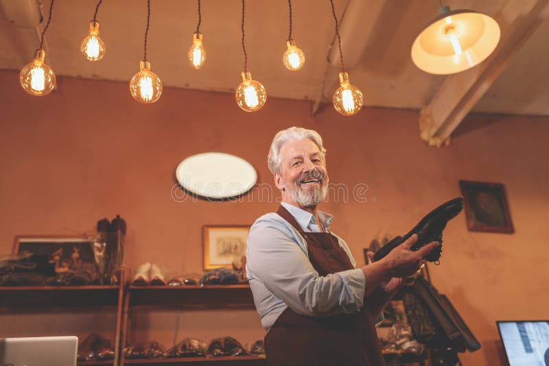 Elderly Shoemaker Makes Artisan Shoes Stock Photo - Image of sewing ...
