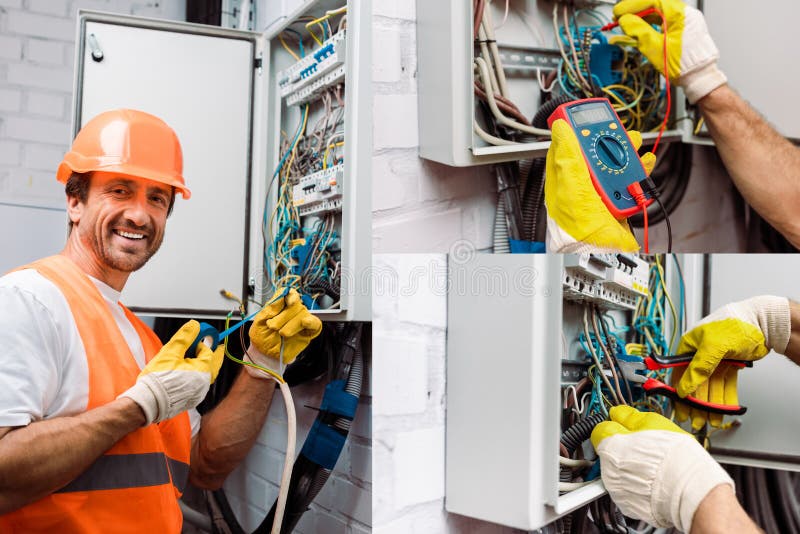 Of Smiling Electrician Fixing Electric Panel Stock Photo - Image of ...