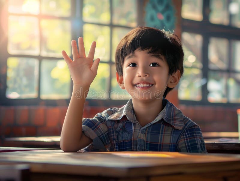 Smiling Elementary Asian Student Raising His Hand To Answer a Question ...