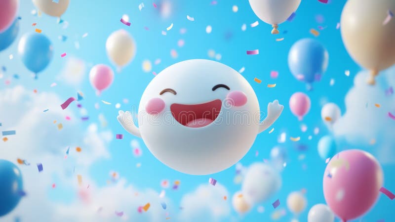 A Smiling Emoji with Balloons Against a Bright Blue Backdrop. Stock ...