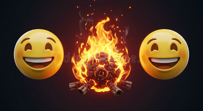 Smiling Emoji Faces with Burning Fire Pit on Dark Background Stock ...