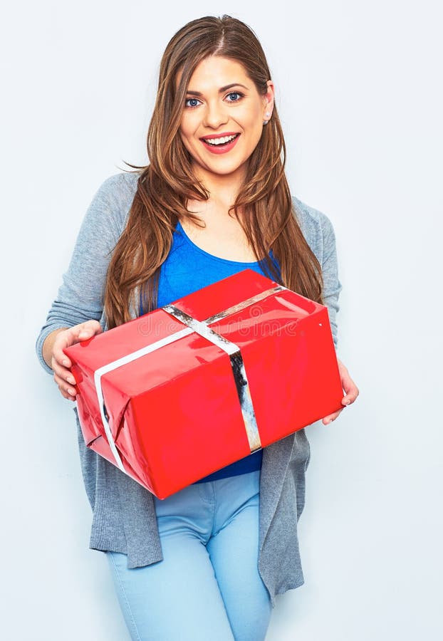 Smiling Emotional Woman Hold Gift Box. Big Smile with Teeth. Em Stock ... Smiling Emotional Woman Hold Gift Box. Big Smile with Teeth. Em Stock ...