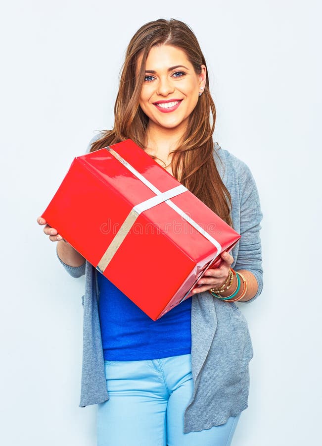 Smiling Emotional Woman Hold Gift Box. Big Smile with Teeth Stock Photo ... Smiling Emotional Woman Hold Gift Box. Big Smile with Teeth Stock Photo ...
